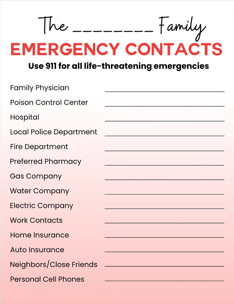 Family Emergency Contact Sheet - Printable - Etsy