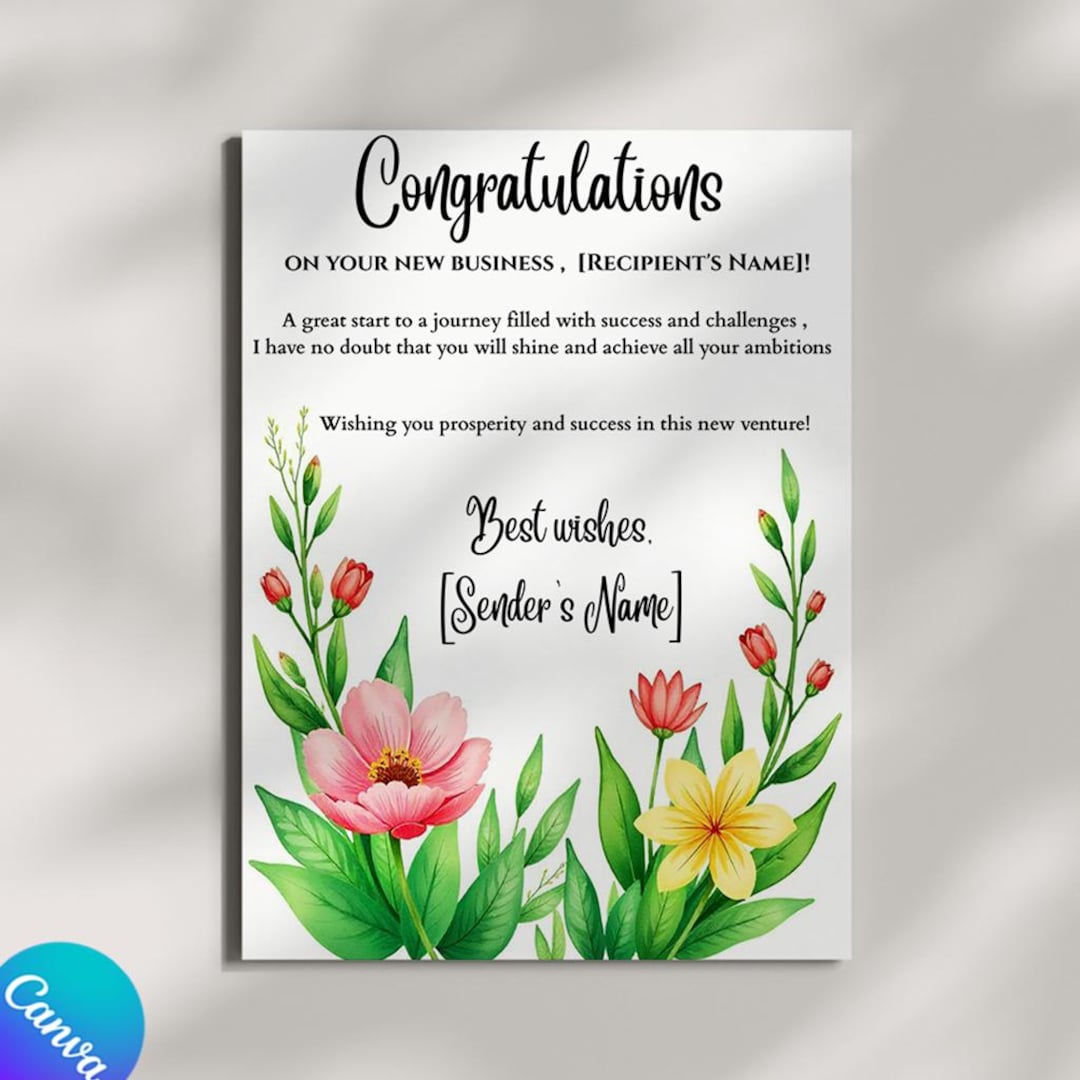 Editable Congratulations Card Template for New Business | Canva Floral ...