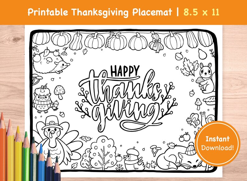 Cute Thanksgiving Placemat | PRINTABLE | Thanksgiving Animals Coloring ...