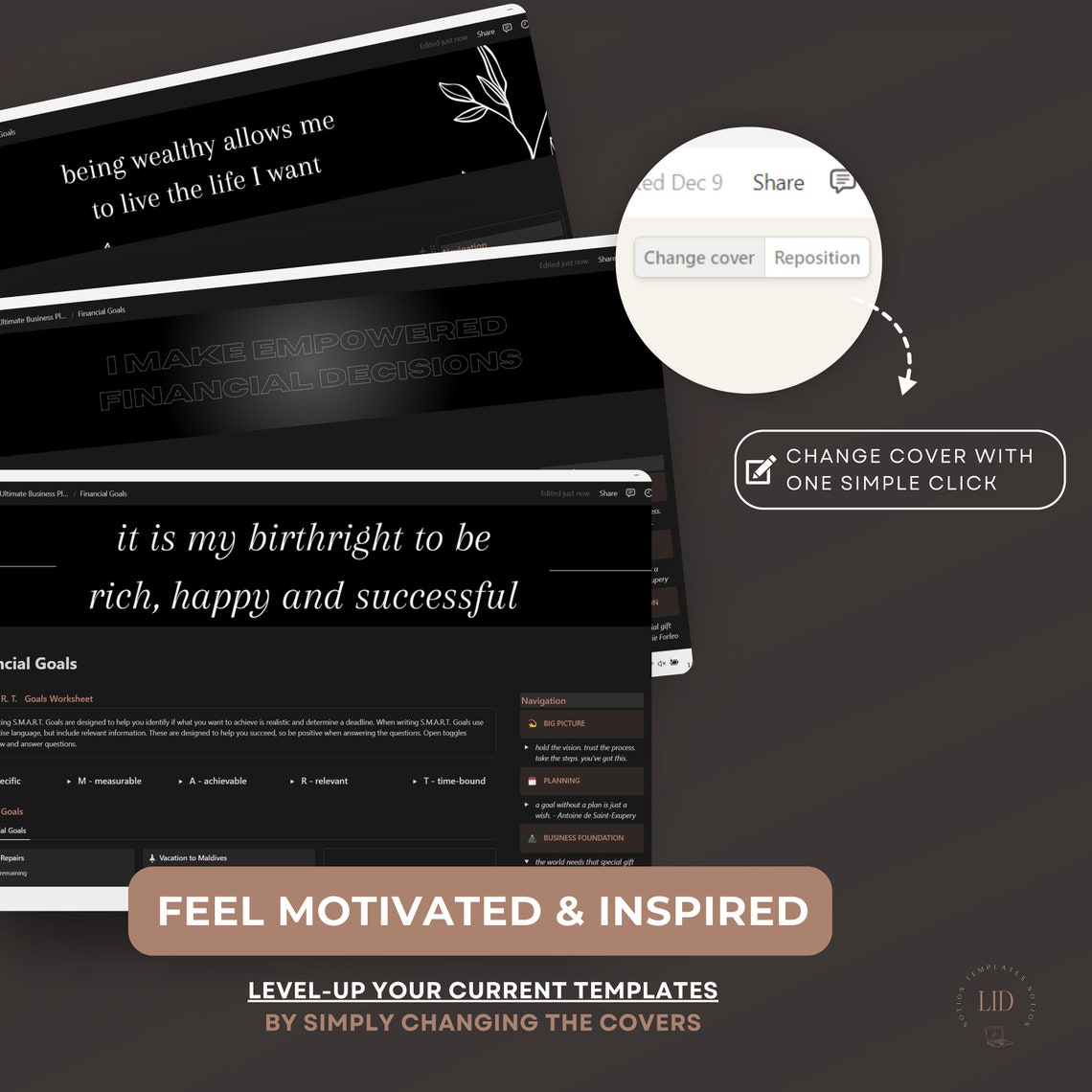 Dark Aesthetic Notion Covers Affirmations Money Finance Notion Bundle ...