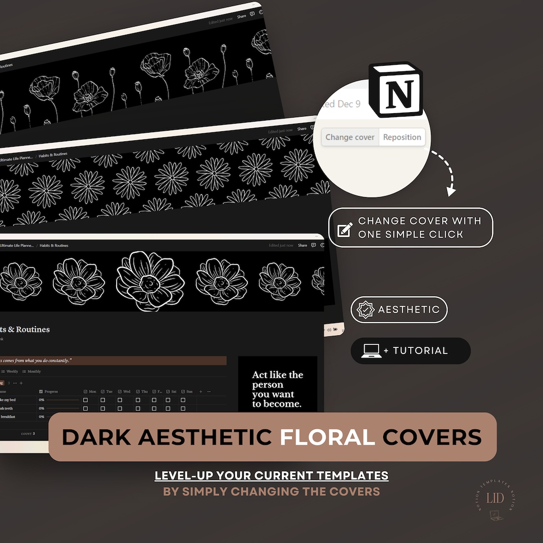 Notion Template Covers Aesthetic Dark Flower Notion Icons Covers Bundle Notion Design Minimal ...