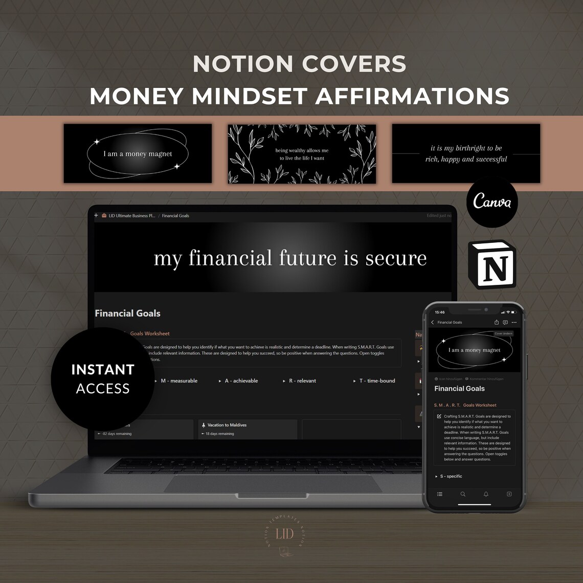 Dark Aesthetic Notion Covers Affirmations Money Finance Notion Bundle ...