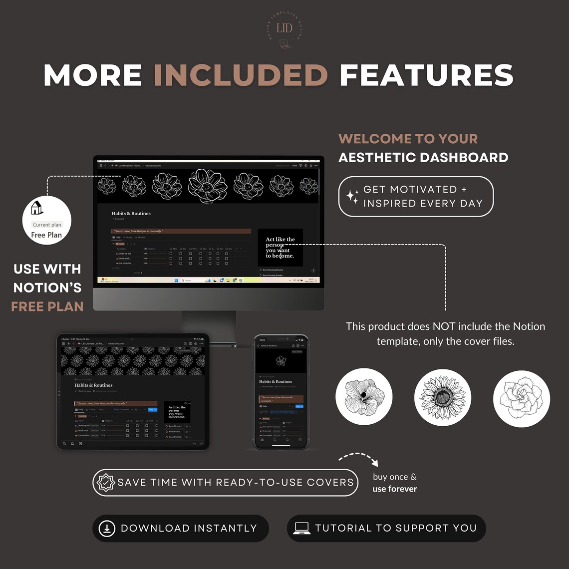 Notion Template Covers Aesthetic Dark Flower Notion Icons Covers Bundle ...