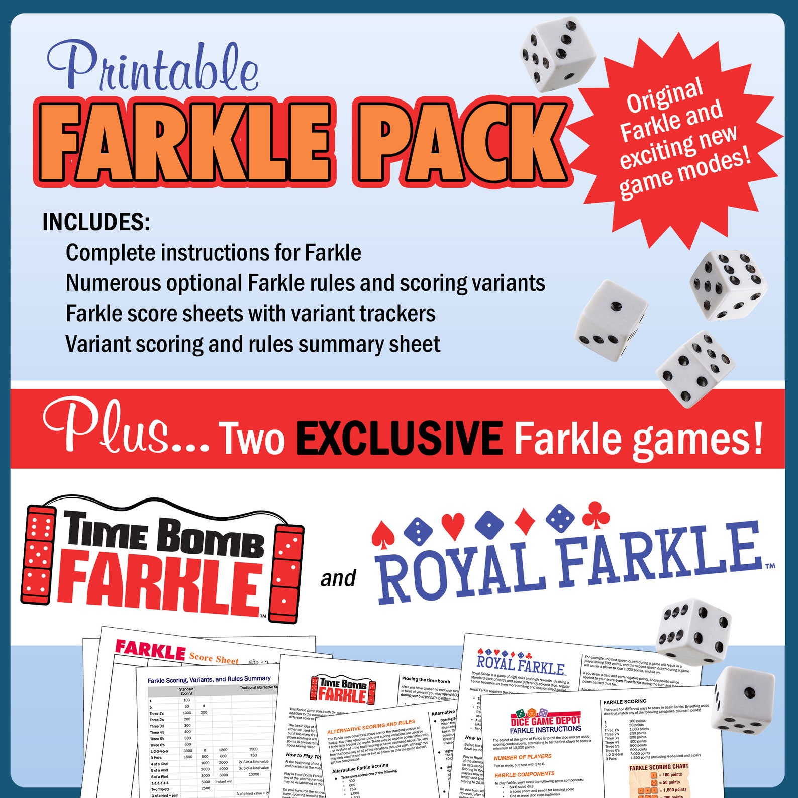 Farkle Games Pack - Printable Farkle Rules, Farkle Score Sheets, Rules ...