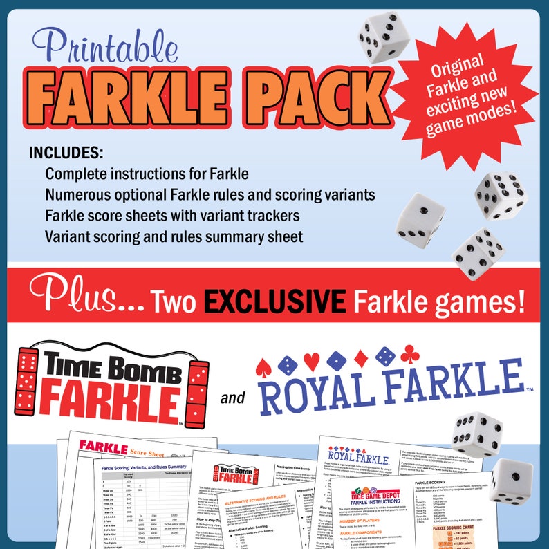 Farkle Games Pack - Printable Farkle Rules, Farkle Score Sheets, Rules ...