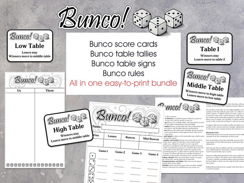 Simple Bunco Bundle | Printable Bunco Score Sheets and Bunco Table ...