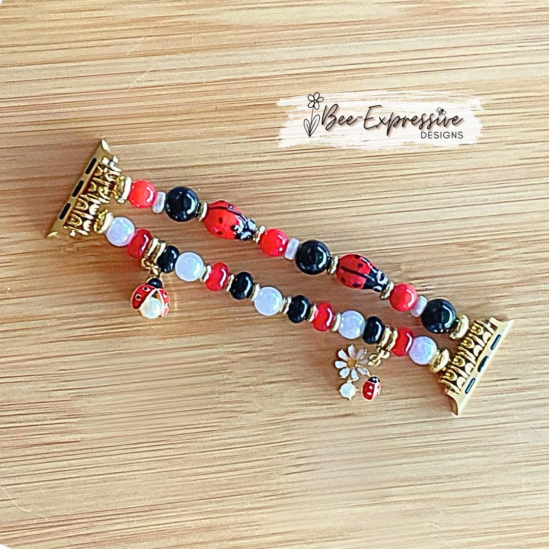 Handmade Lady Bug Beaded Watch Bracelet: Gold Toned, Custom Size for ...