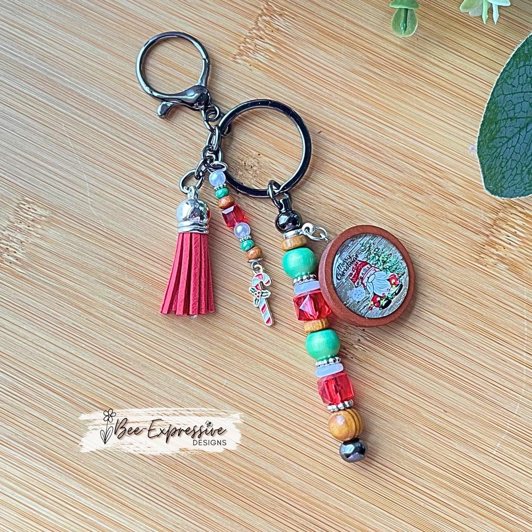 Santa Gnome Keychain: Beaded Tassel, Candy Cane Charm - Etsy
