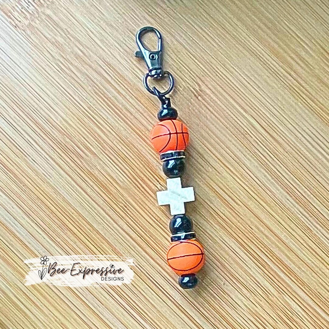 Handmade Silicone Basketball Keychain: Wood Cross & Rhinestone Accents ...