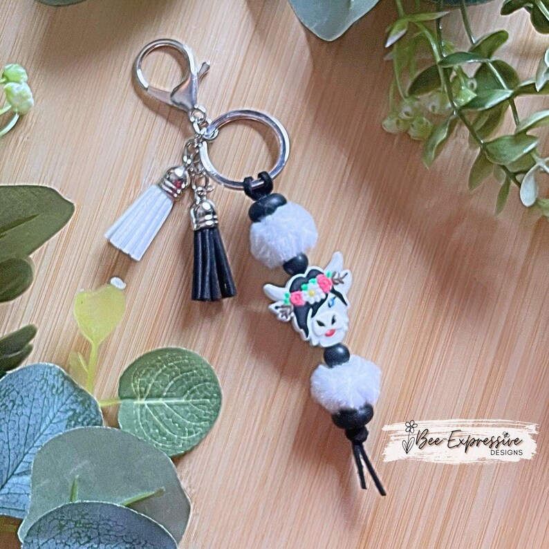 Handmade, Beaded, Cow Keychain! Lobster Clasp, Keyring, Black Suede ...
