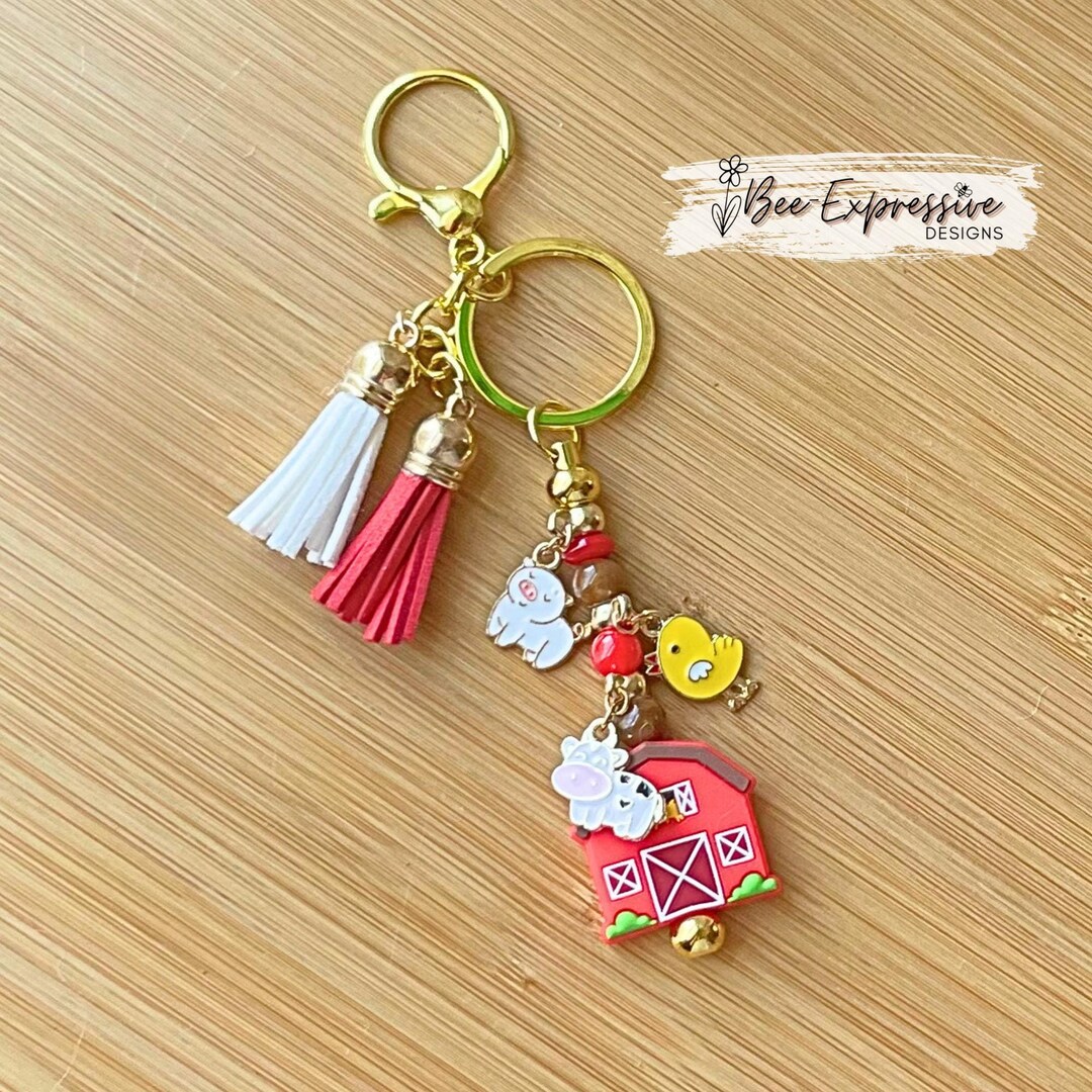 Handmade, Vividly Colored, Red Barn Keychain With Animal Charms Lobster ...