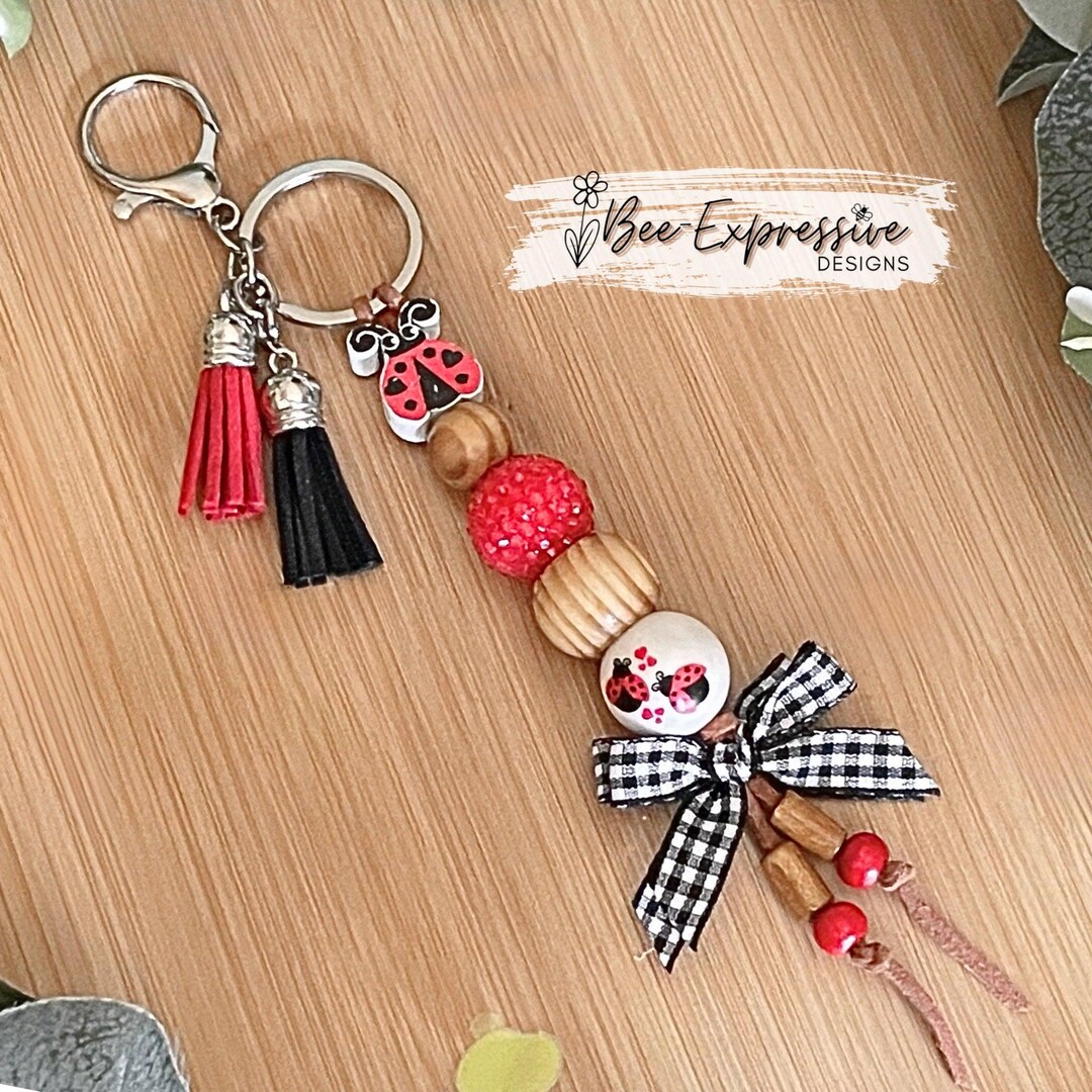 Handmade Ladybug Keychain: Chunky Wood Beads, Gingham Bow & Tassels - Etsy