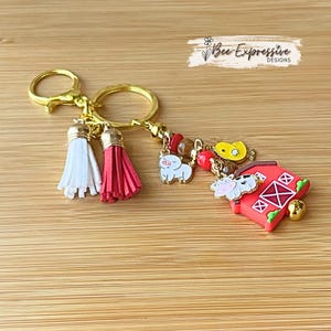 Handmade, Vividly Colored, Red Barn Keychain With Animal Charms Lobster ...