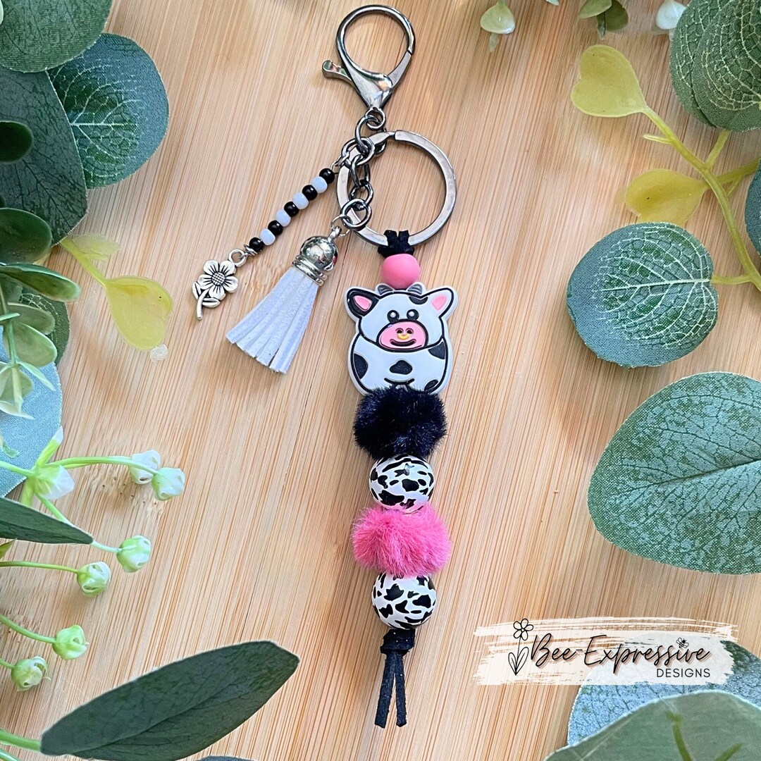 Adorable, Handmade, Bull Cow Keychain! Furry Beads, Animal Print Wood ...