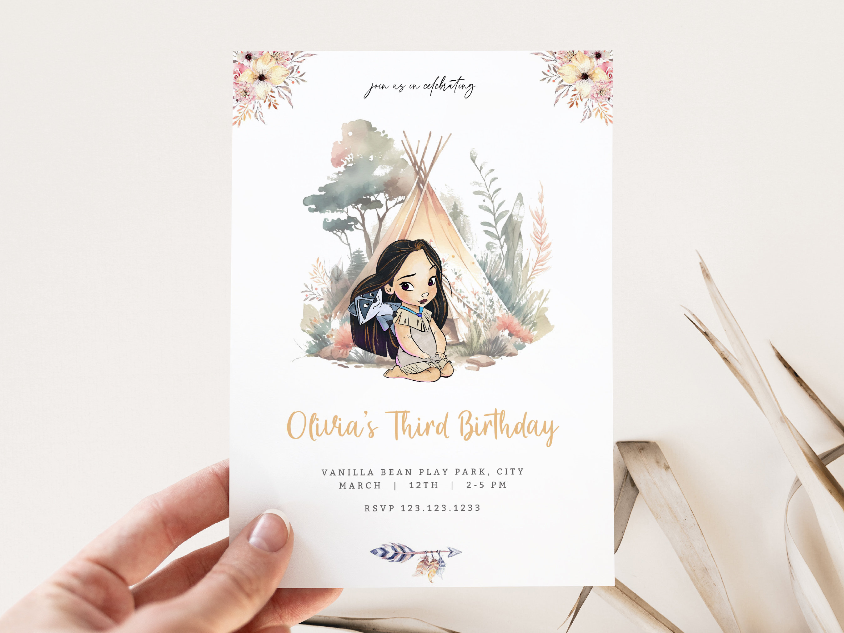 Pocahontas Birthday Invitation, Girl Pocahontas Themed Birthday Party ...