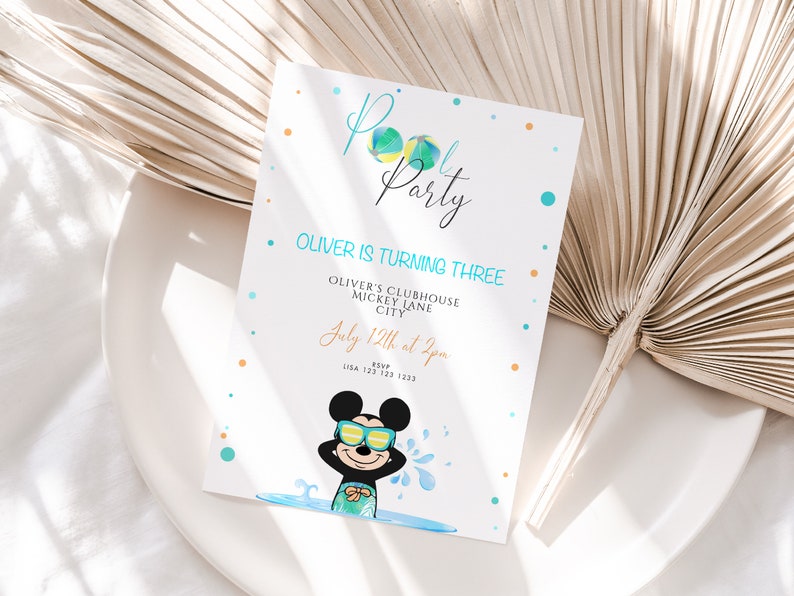 Mickey Mouse Birthday Invitation, Mickey Mouse Pool Party Invite ...