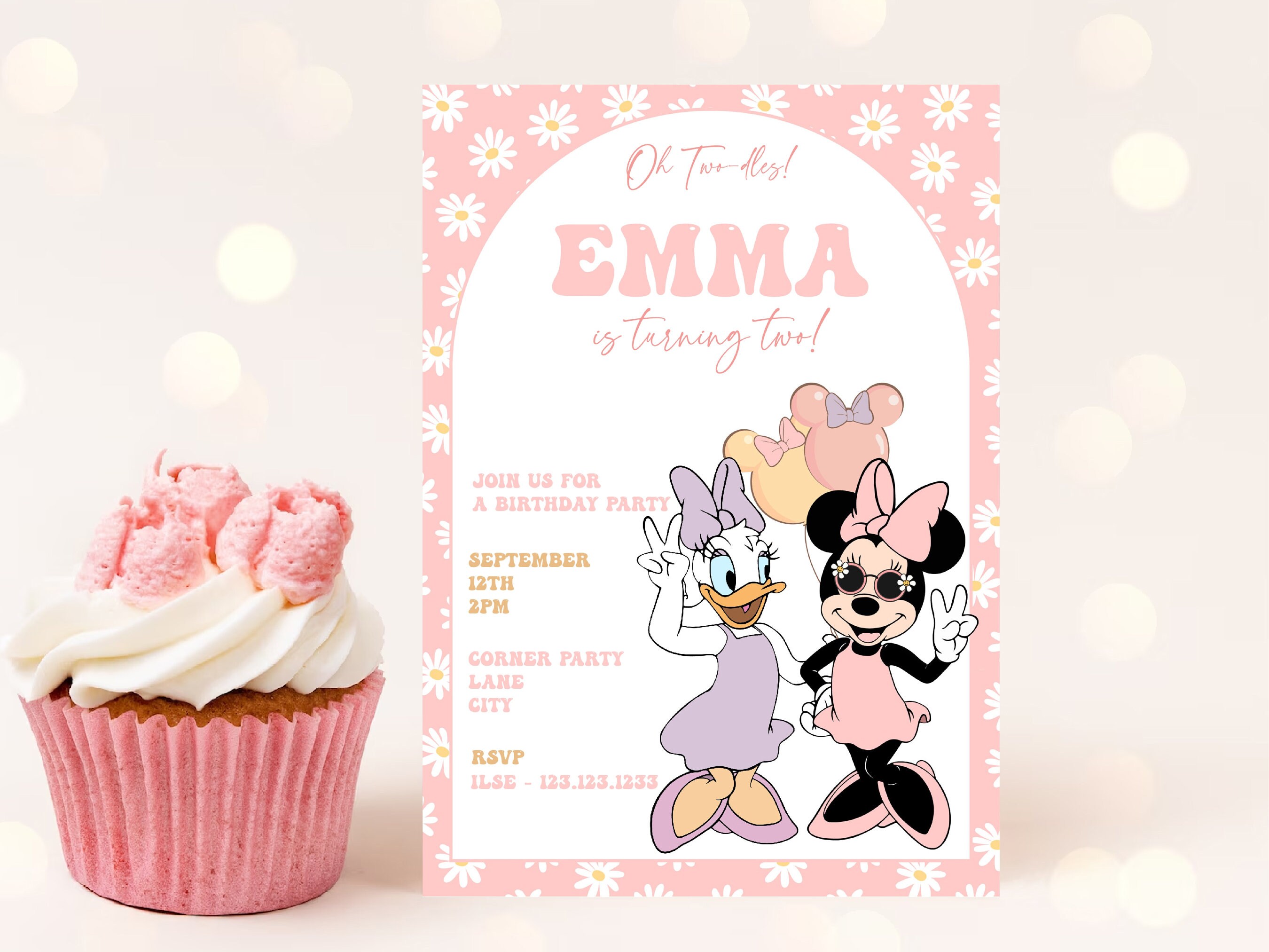 Minnie Mouse and Daisy Birthday Invitation, Pink Daisies Minnie Mouse ...
