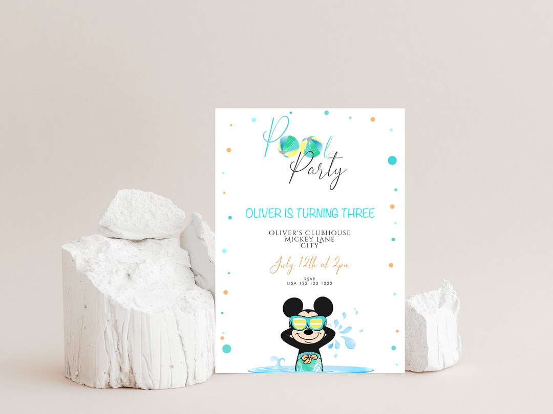 Mickey Mouse Birthday Invitation, Mickey Mouse Pool Party Invite ...