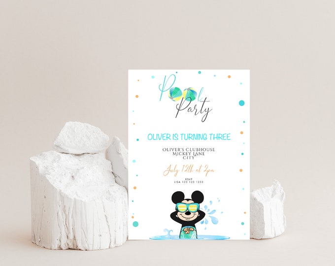 Mickey Mouse Birthday Invitation, Mickey Mouse Pool Party Invite ...