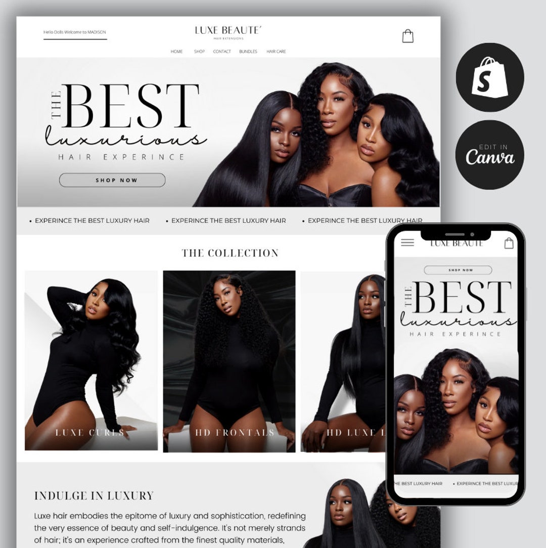 Luxury Hair Shopify Website Theme: Editable Canva Banners (instant ...