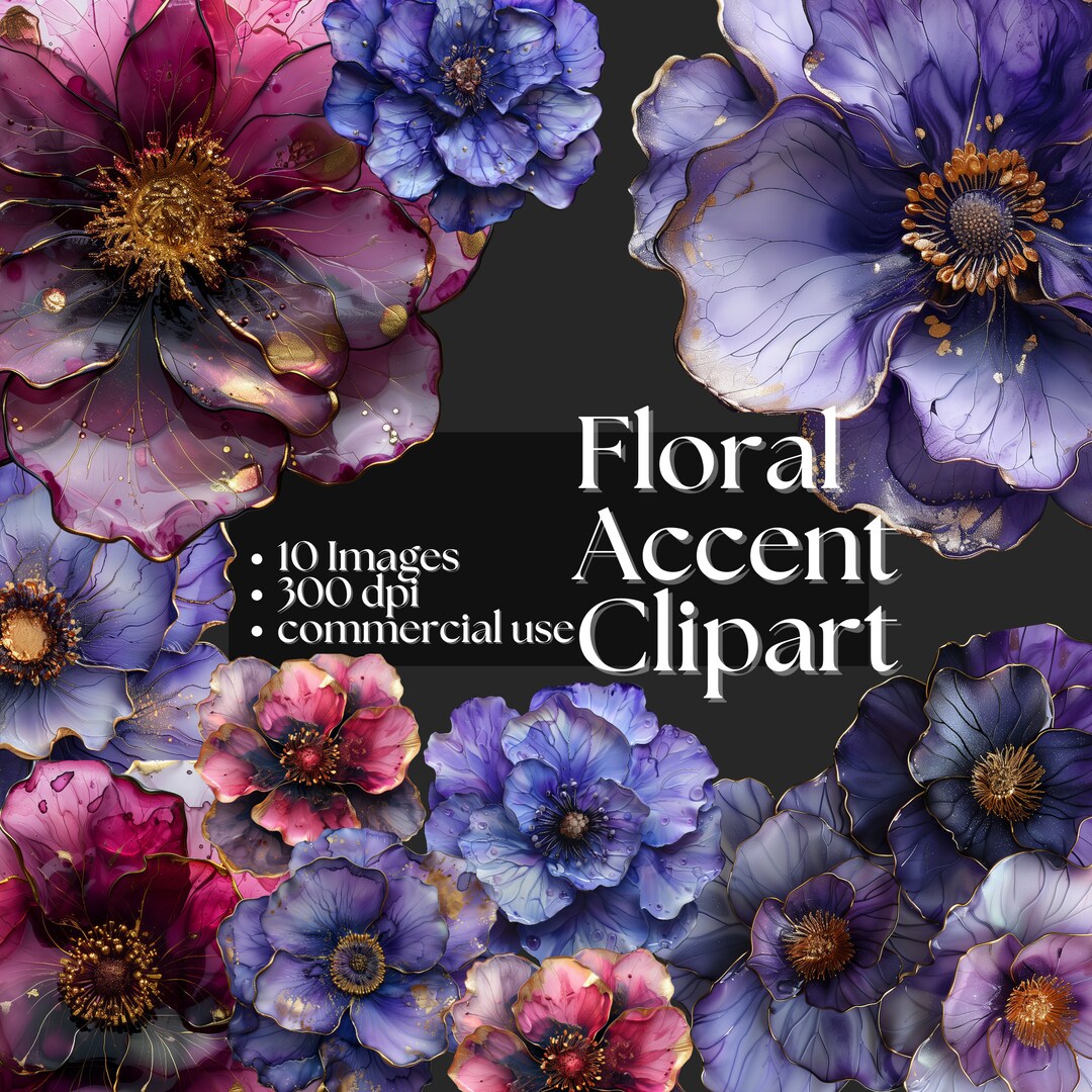 Floral Accent Clipart - Pink Purple Gold Flowers Botanical Graphics ...