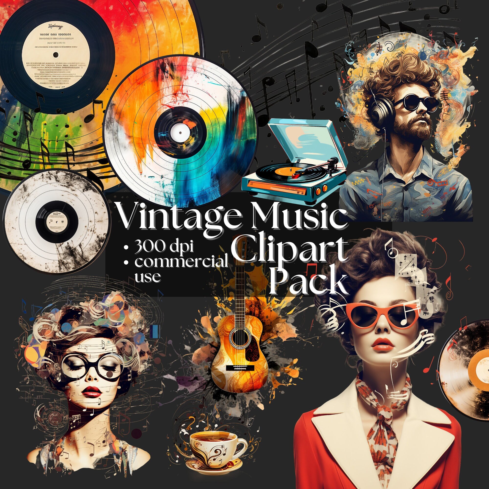 Vintage Music Clipart Retro Vinyl Records Retro Microphone PNG Musician ...