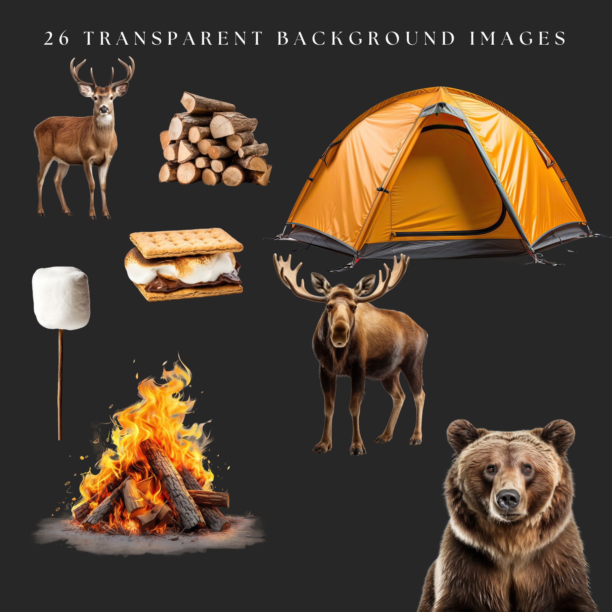 Camping Essential Clipart Tent Bear Moose Bonfire Compass Water Bottle ...