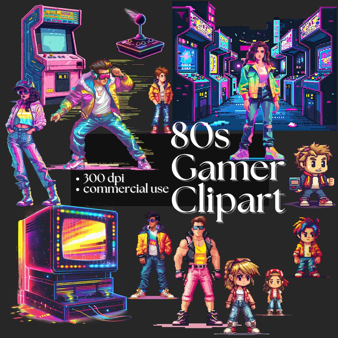 80s Arcade Clipart Neon 80s Video Game Gamer PNG 300 DPI Joystick ...