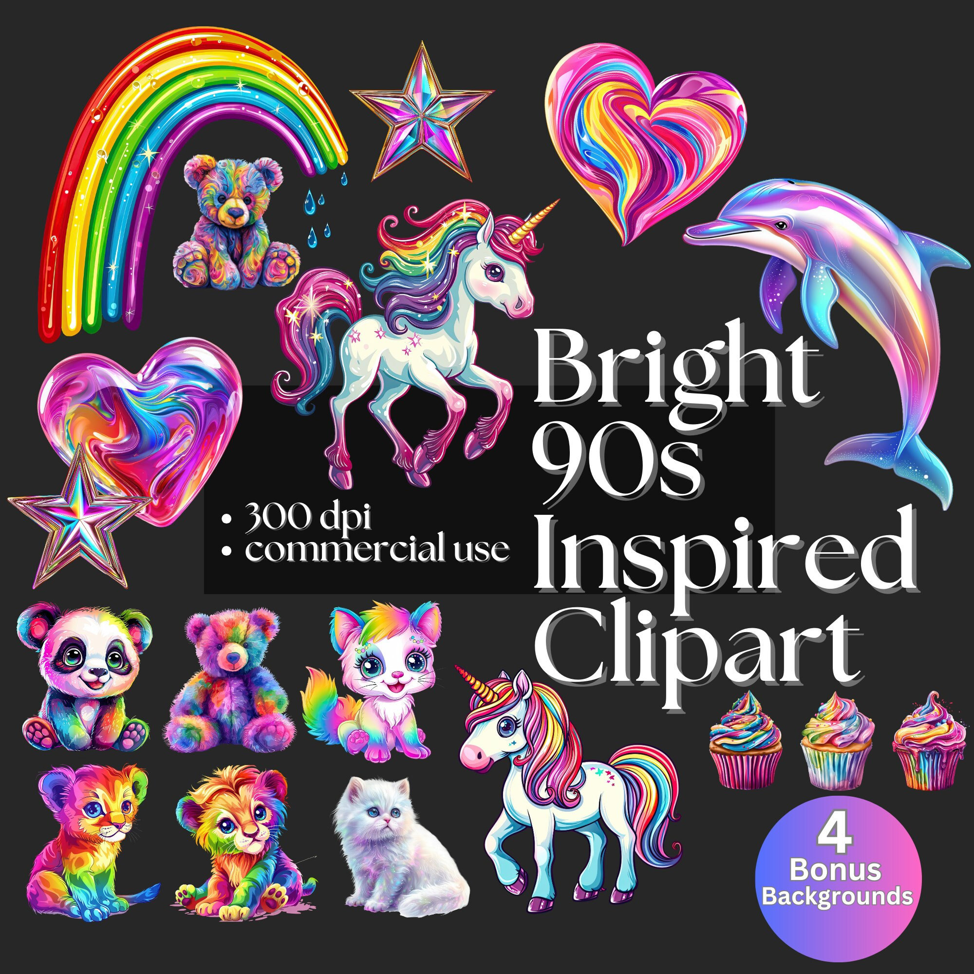 Bright 90s Style Clipart Collection - Whimsical Animals, Cupcakes ...