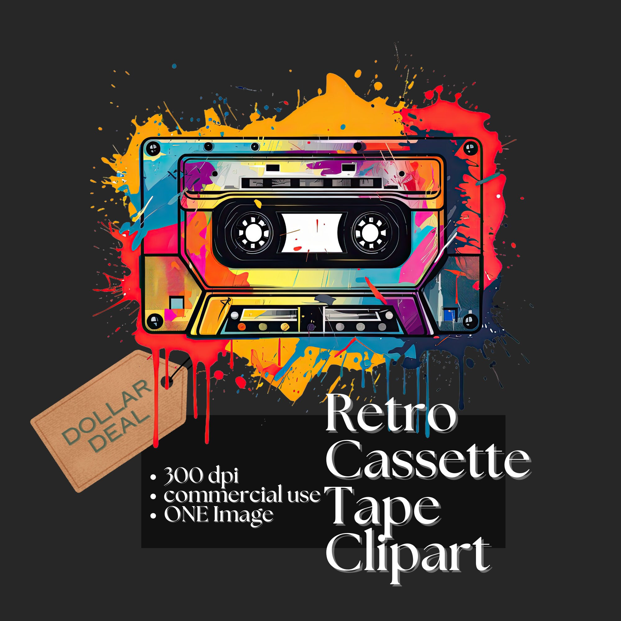 Retro Cassette Tape Clipart Bright Musical Graphic 80s 90s Vintage Mix ...