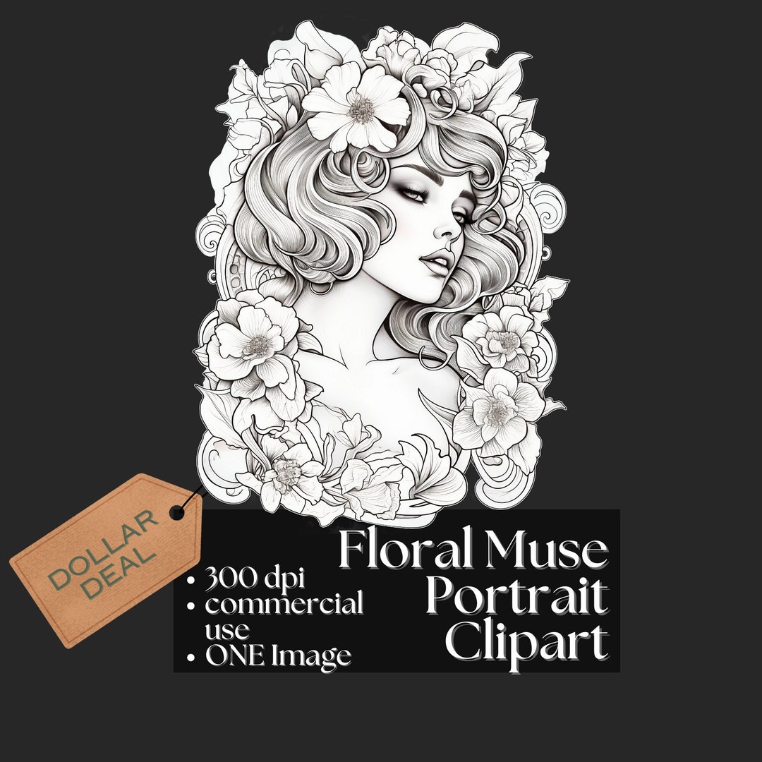 Floral Muse Clipart Woman Portrait Image Artist Image Black and White ...
