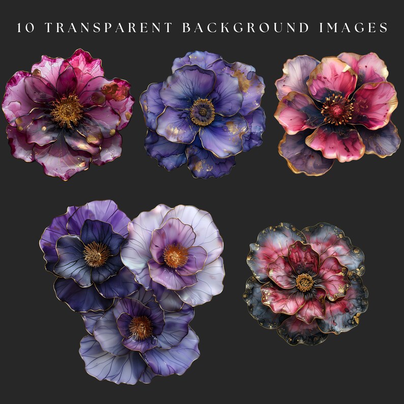 Floral Accent Clipart Pink Purple Gold Flowers Botanical Graphics ...