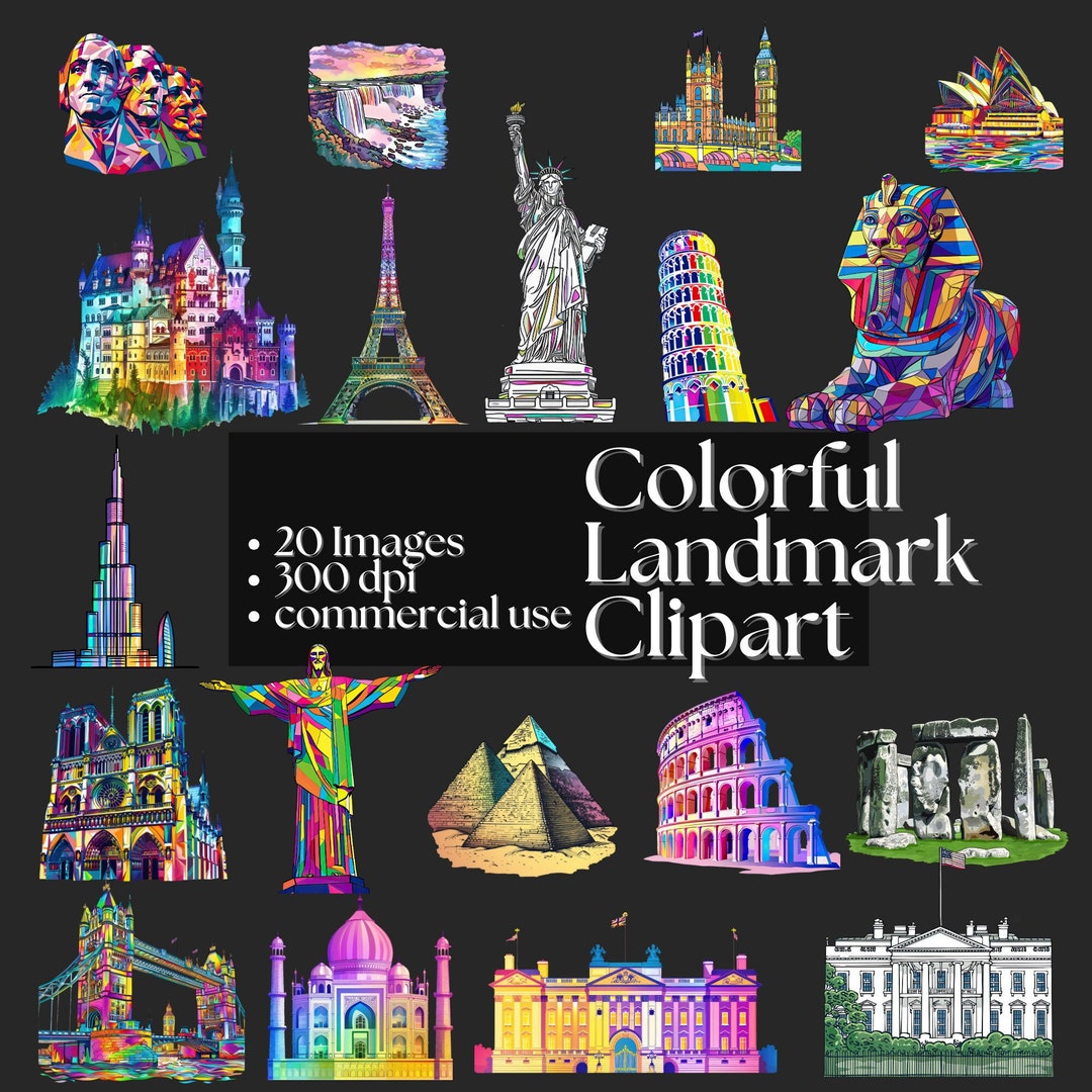 Colorful World Landmark Clipart Statue of Liberty Coloseum Eiffel Tower ...