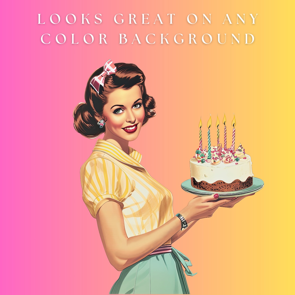 Vintage Birthday Clipart Retro Birthday Cake Image 300 DPI 50s Lady ...