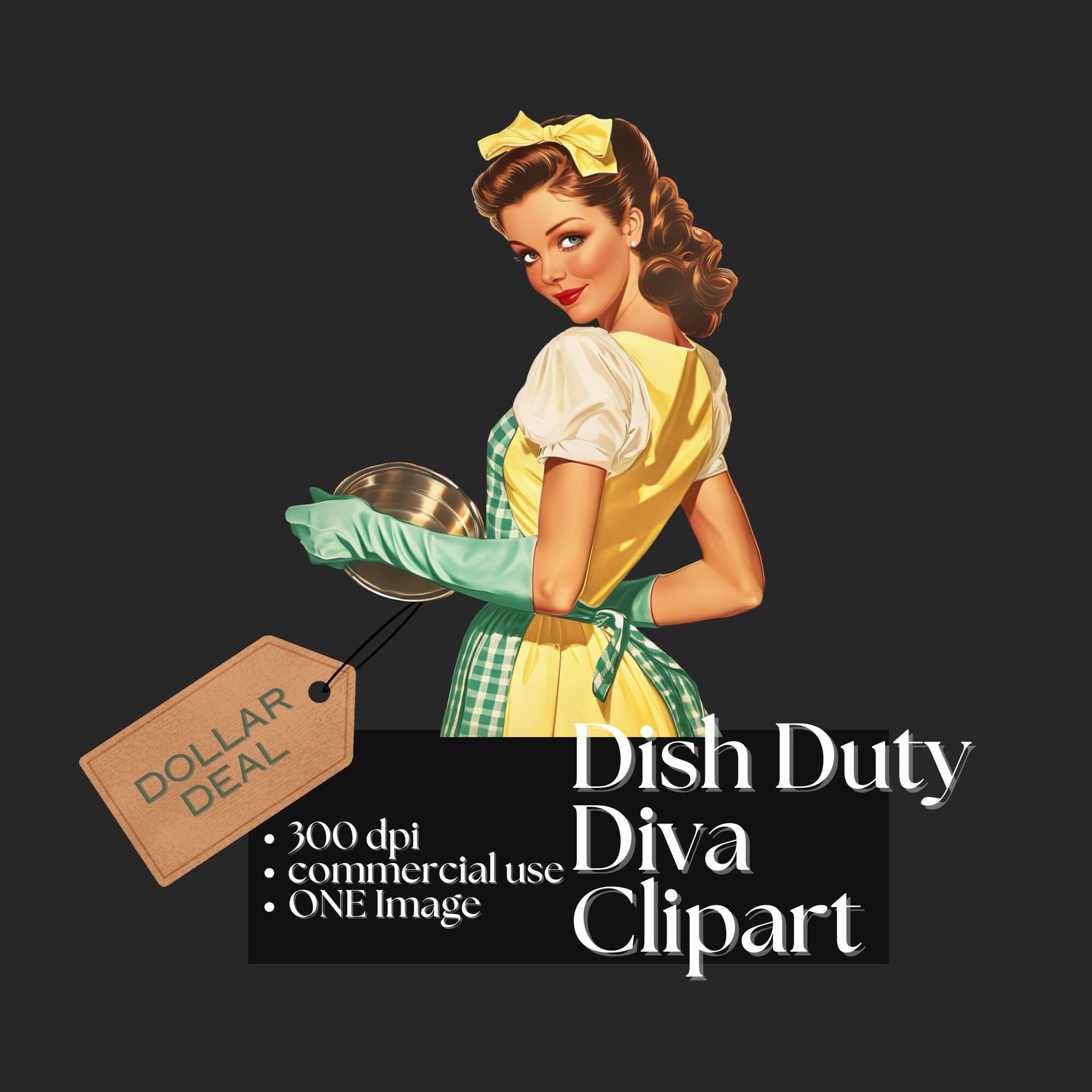 Dish Duty Diva Clipart - Retro Kitchen Image 300 DPI 50s 60s Lady Vintage Art Domestic Woman PNG ...