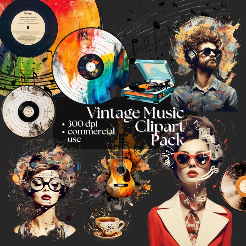 Vintage Music Clipart Retro Vinyl Records Retro Microphone PNG - Etsy