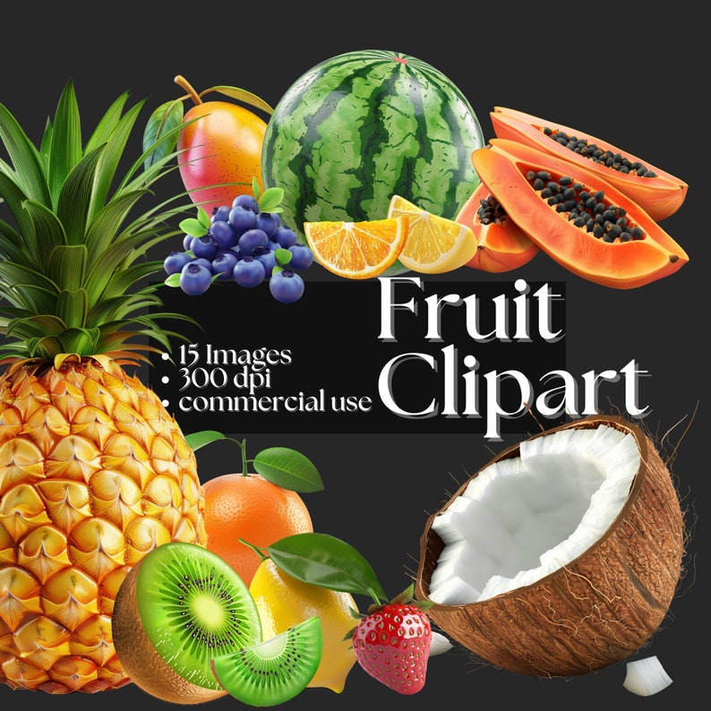 Fruit Clipart Pack Healthy Food Kiwi Mango Pineapple Papaya Strawberry ...