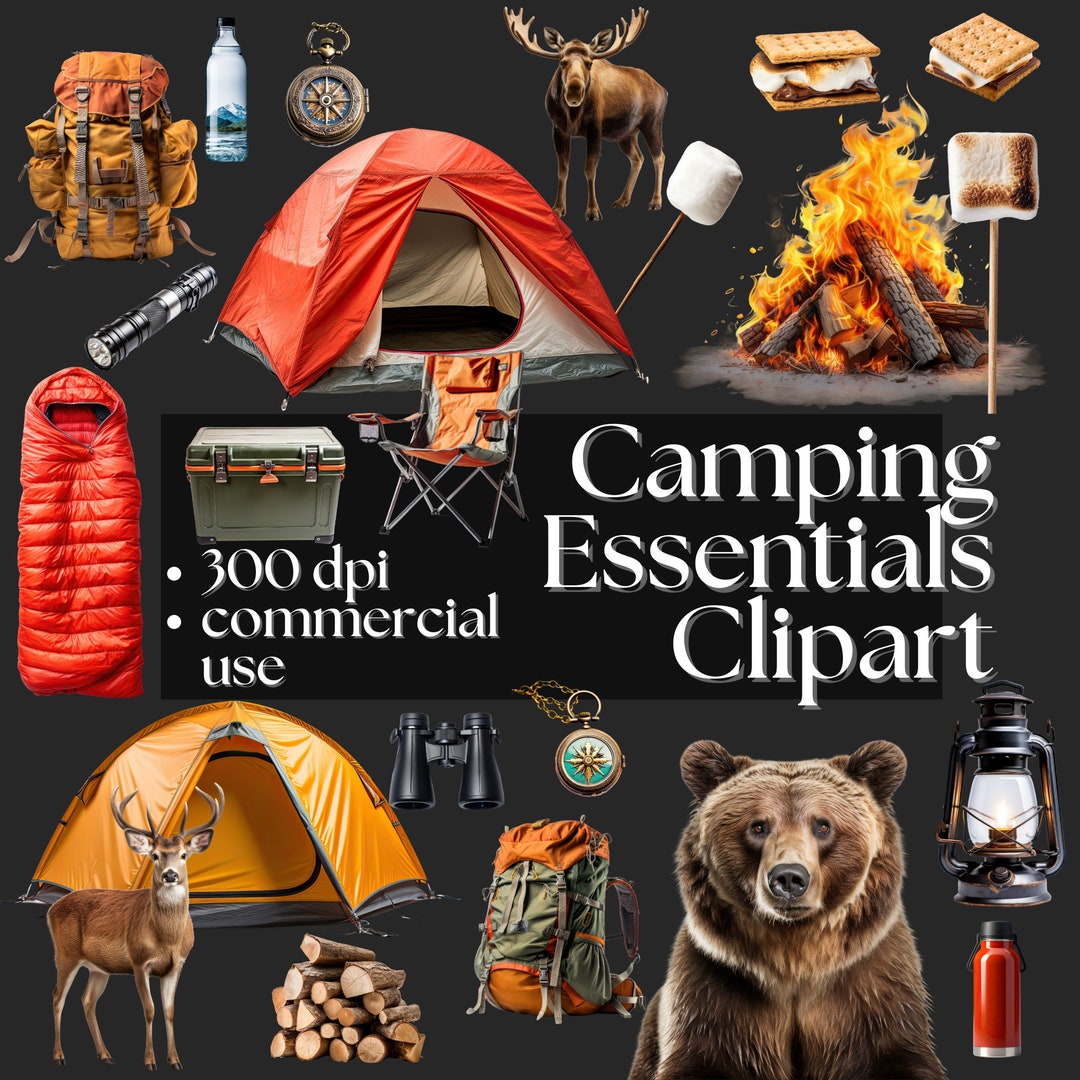 Camping Essential Clipart Tent Bear Moose Bonfire Compass Water Bottle ...