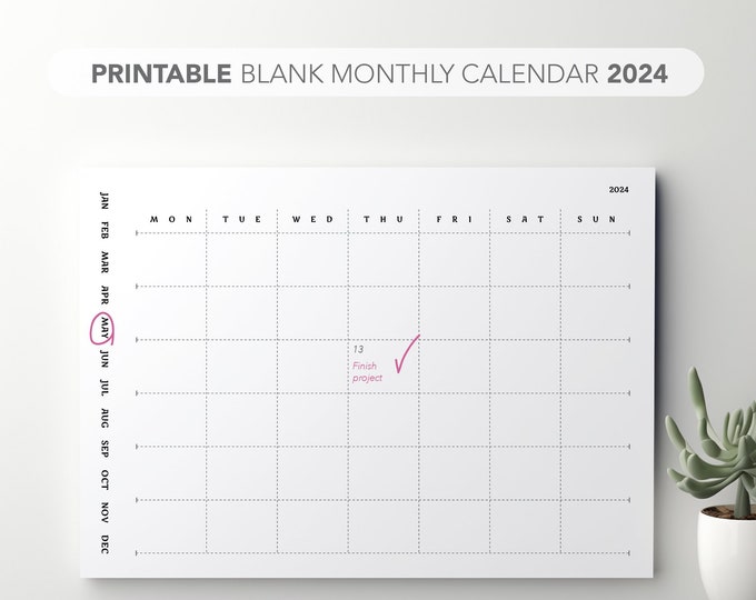 Blank Monthly Calendar Printable, Digital Blank Calendar, Undated Blank ...
