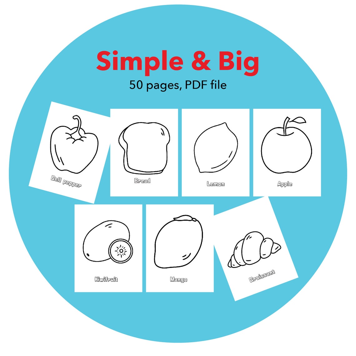 Coloring Pages for Toddlers, 50 Different Types of Food, Big and Simple ...