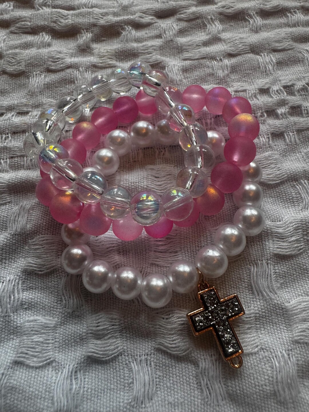Gold Cross With Pink and Clear Trio. Set of Three Water Proof Beaded ...