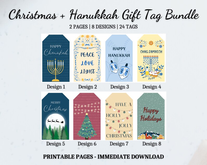Printable Christmas Hanukkah Gift Tags BUNDLE Set of 24 8 Different ...