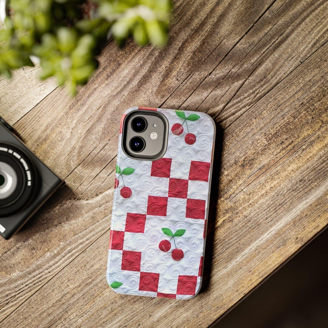 Red Cherry Quilt Cute Phone Case Cherries Summer Phone Cover Faux ...