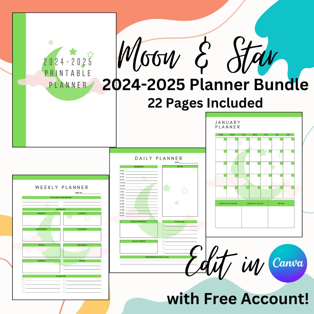 Moon & Star 2024-2025 Planner Green Edit in Canva - Etsy