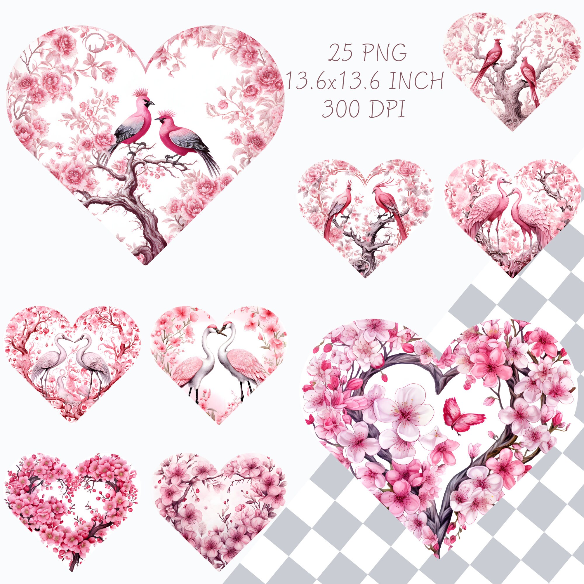 Chinoiserie Heart Bundle PNG Files, Chinoiserie Heart, Flowered Heart ...