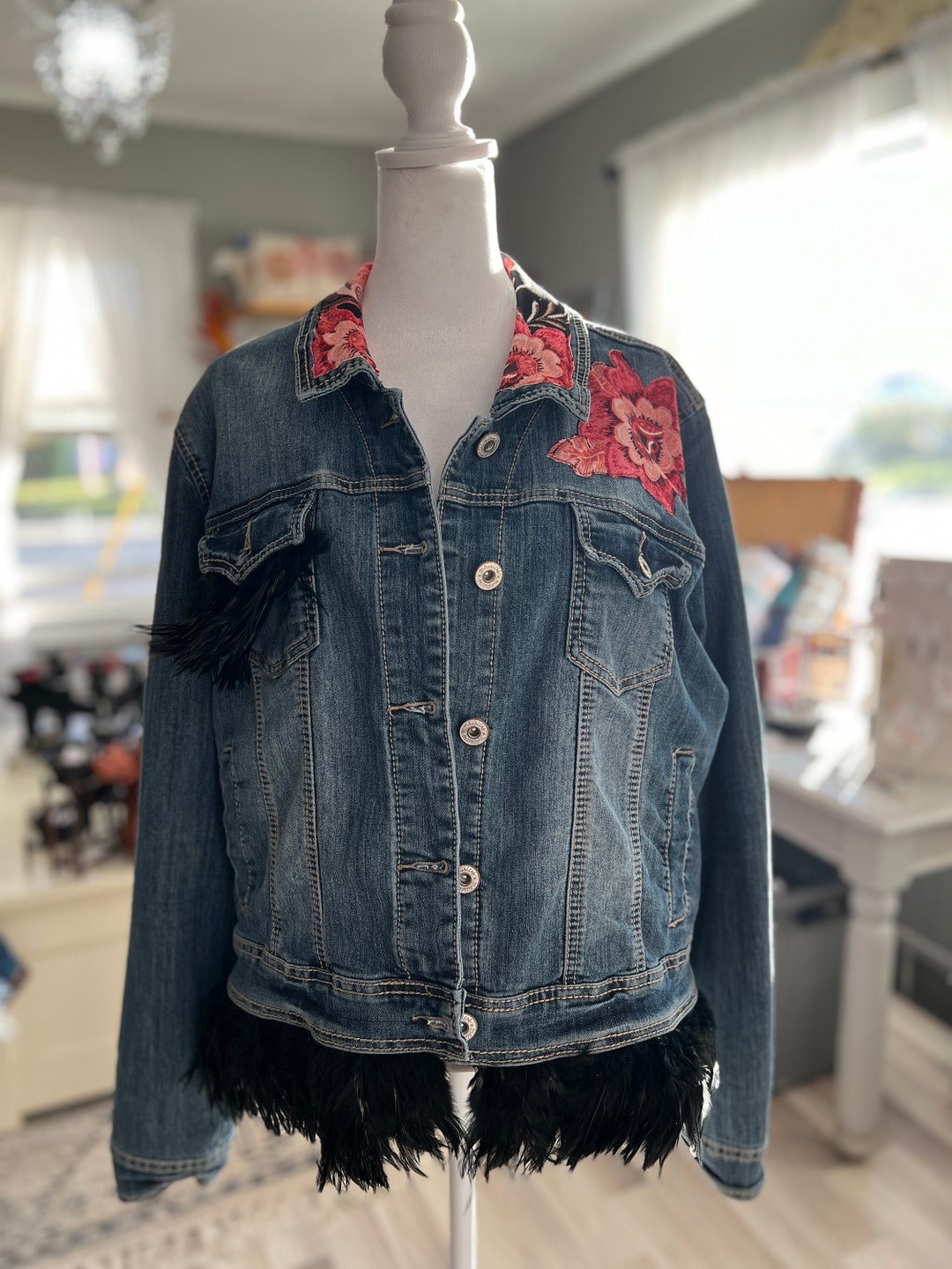 Bohemian Denim Jacket, Upcycled, Thrifted, Handmade, OOK, Feathers - Etsy