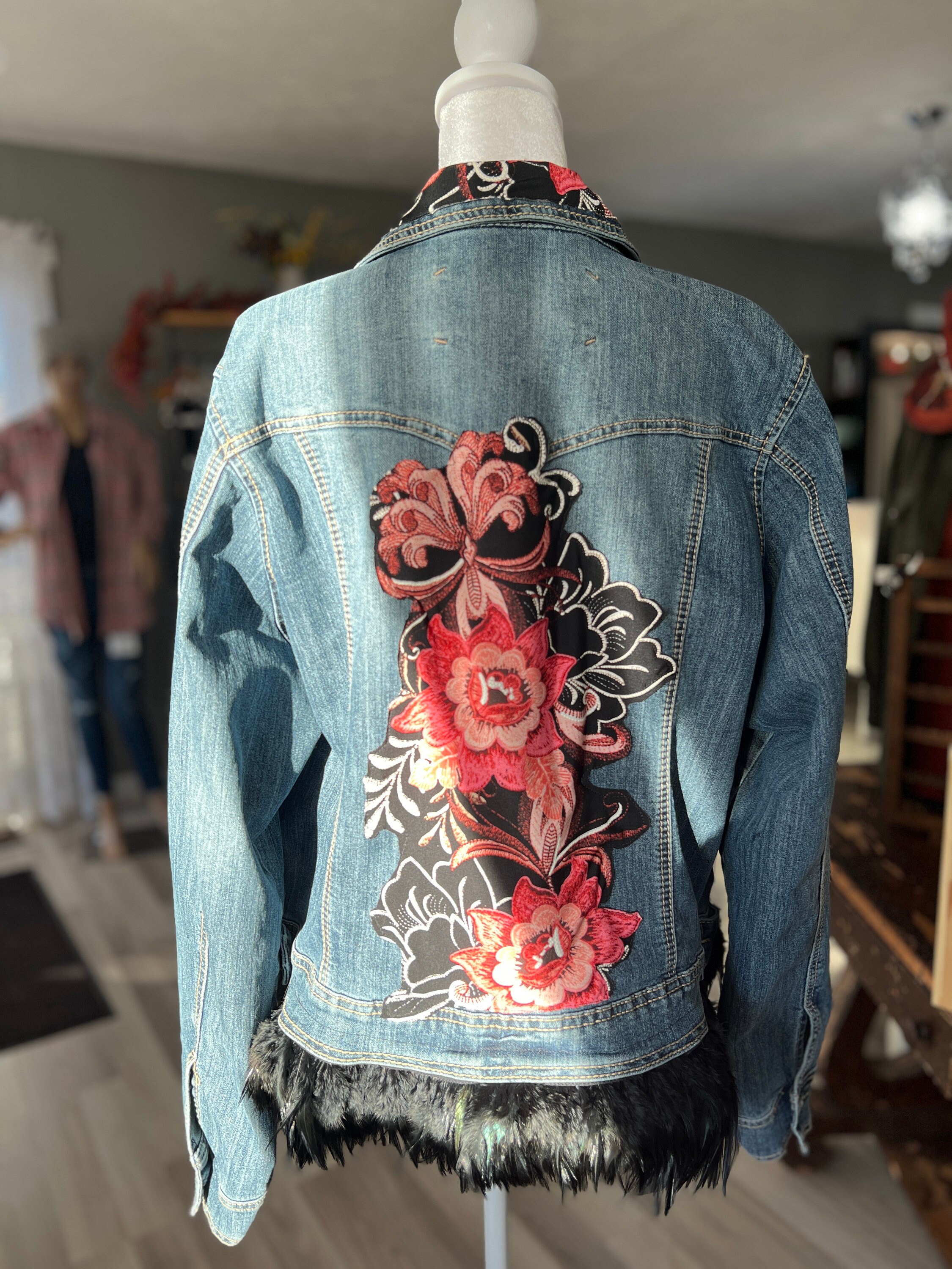 Bohemian Denim Jacket, Upcycled, Thrifted, Handmade, OOK, Feathers - Etsy