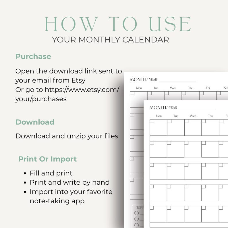 Printable Monthly Calendar | Fillable Monthly Planner | Sunday & Monday ...