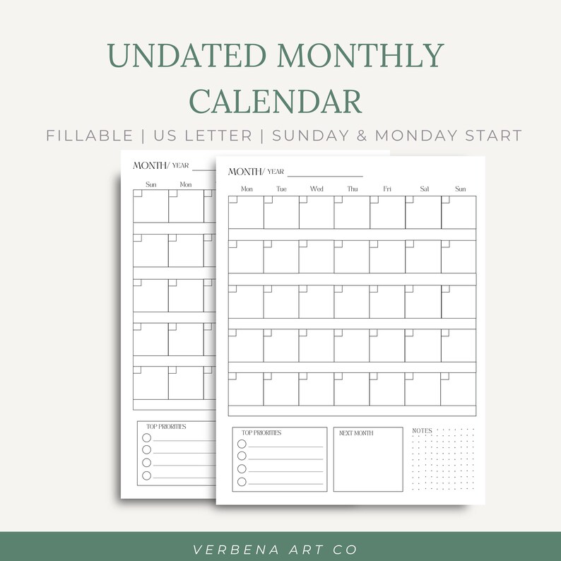 Printable Monthly Calendar | Fillable Monthly Planner | Sunday & Monday ...