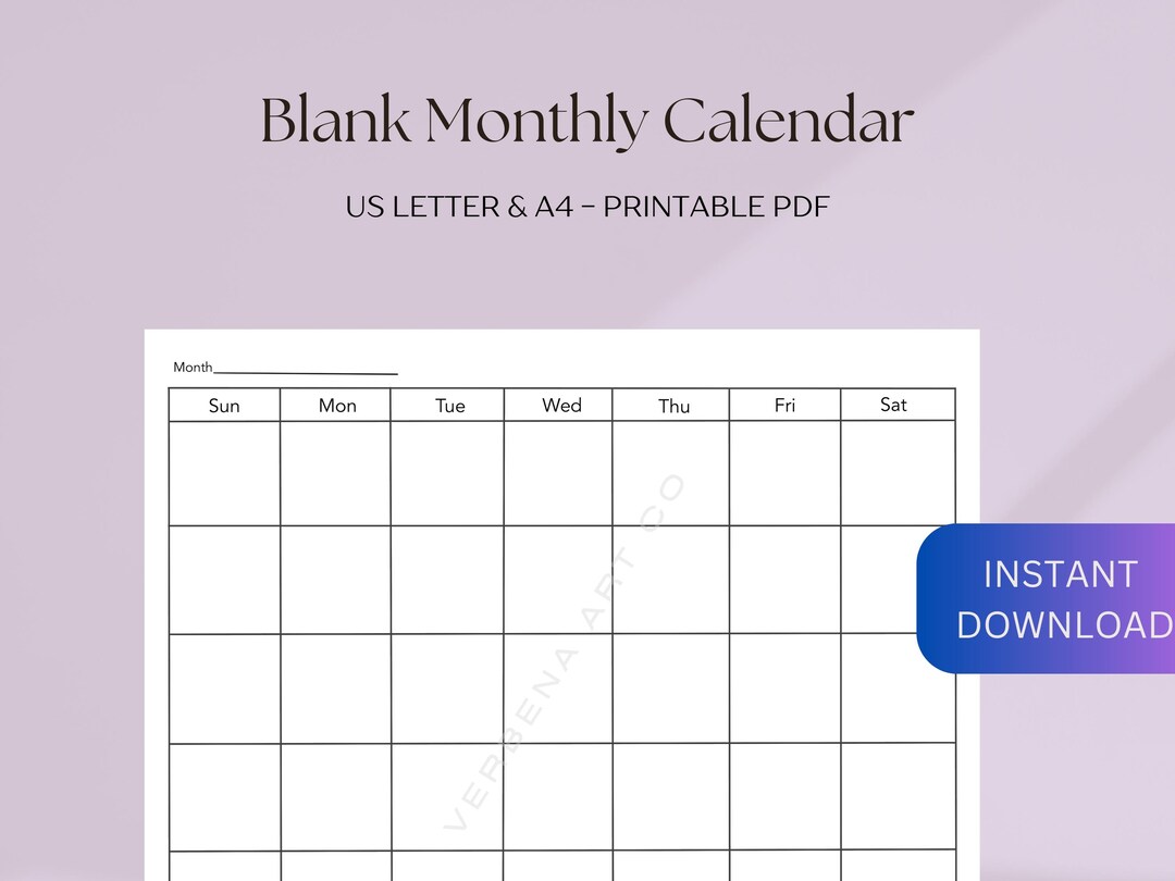 Blank Monthly Calendar Template, Undated Minimalist Planner, Sunday ...